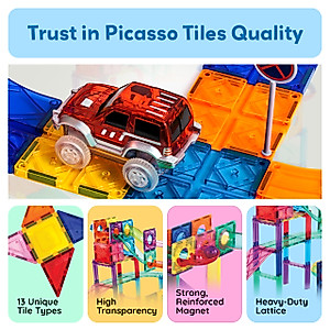 PicassoTiles 108pc 3-in-1 Marble Run Car Race Track Combo Magnetic Tiles PicassoToys Magnet Building Block Educational Construction Toy Playset STEM STEAM Learning Kit Child Brain Development PTG108