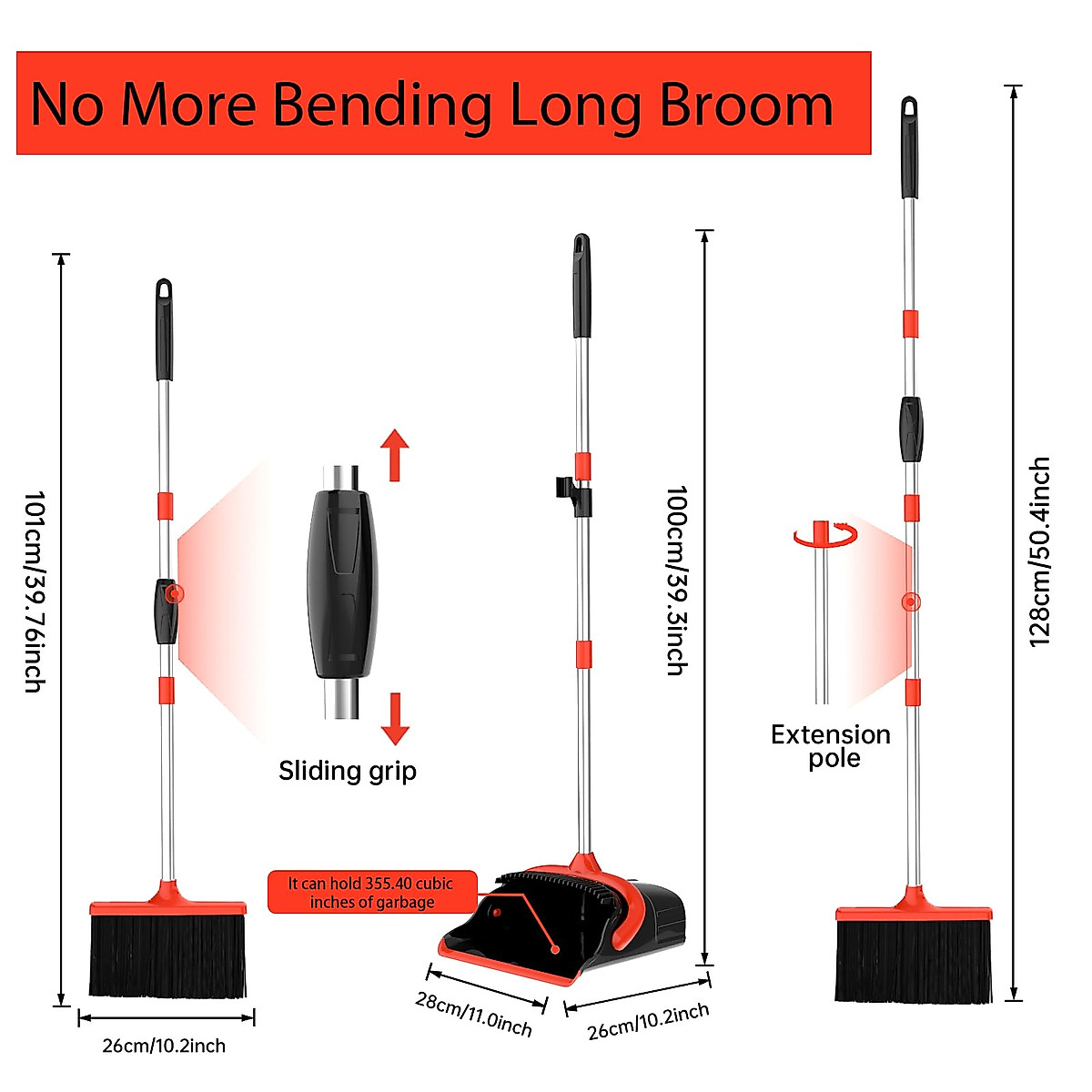 AISHUJIE Broom with Dustpan Combo Set - 52'' Long Handle Broom and Dustpan Set with Self-Cleaning Teeth & Standing Dust Pan and Broom for Home Office Kitchen Lobby Floor Use