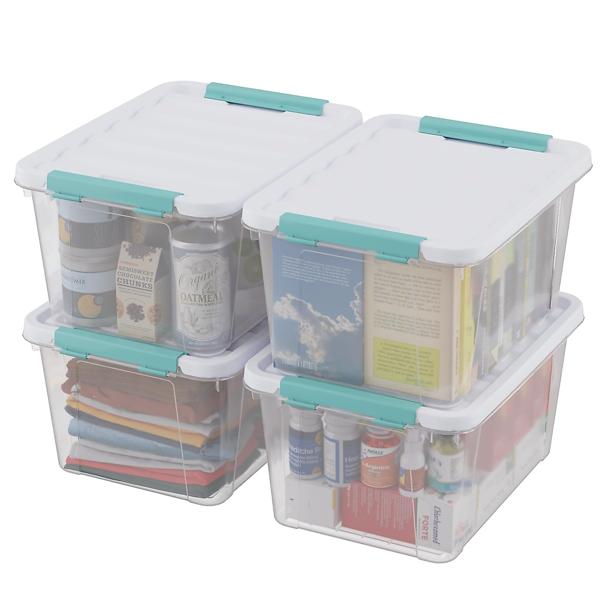 CadineUS 4-pack 20 Liter Plastic Latching Boxes, Clear Storage Totes with Lids