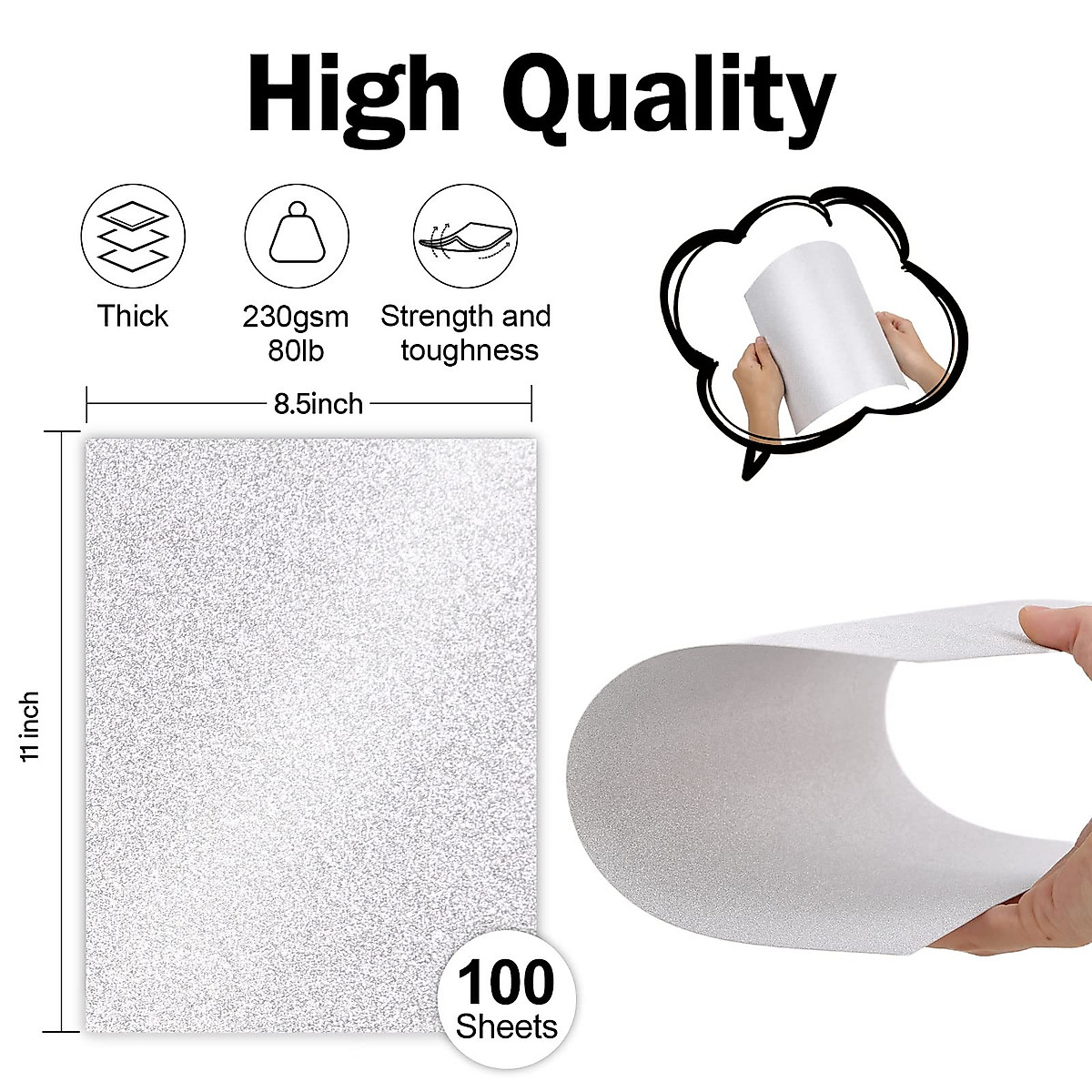 100 Sheets Silver Glitter Cardstock 8.5x11 Double-Sided, Goefun 80lb No-Shed Shimmer Glitter Paper for Scrapbook, Birthday, Wedding Party, Decorations (Not Suitable for Printing)