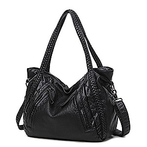 Big Capacity Slouchy Soft Leather Women Black Handbag Shoulder Hobo Bag Lady Tote Purse Crossbody Satchel (Large)