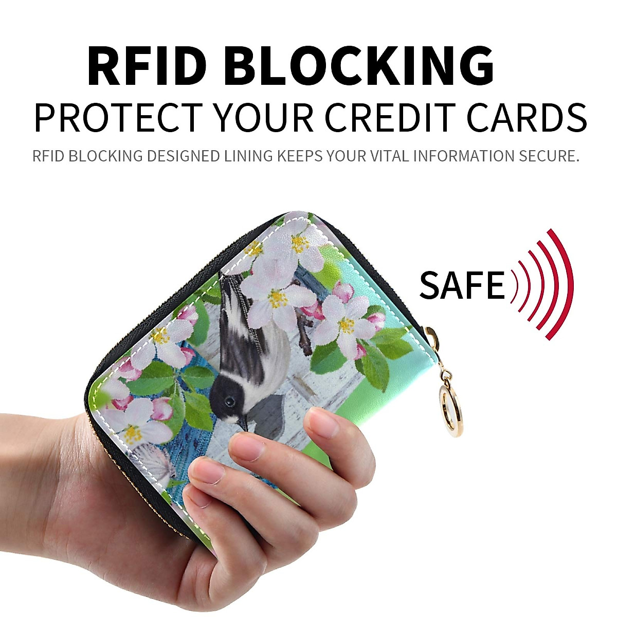 susiyo Spring Bird Flower Birdhouse Credit Card Wallet, RFID Blocking Compact Women Leather Card Holder Zipper Purse