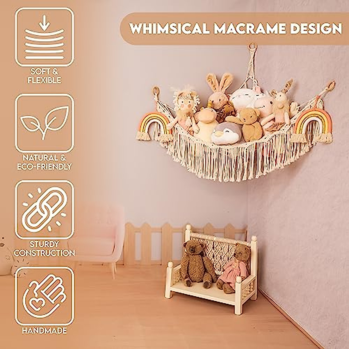 Luna Village Stuffed Animal Hammock, Stuffed Animal Organizer, Plush Toys Net Holder with 2 Macrame rainbows Macrame Toy Hammock, Stuffed Animal Net or Hammock, Stuffed animal net