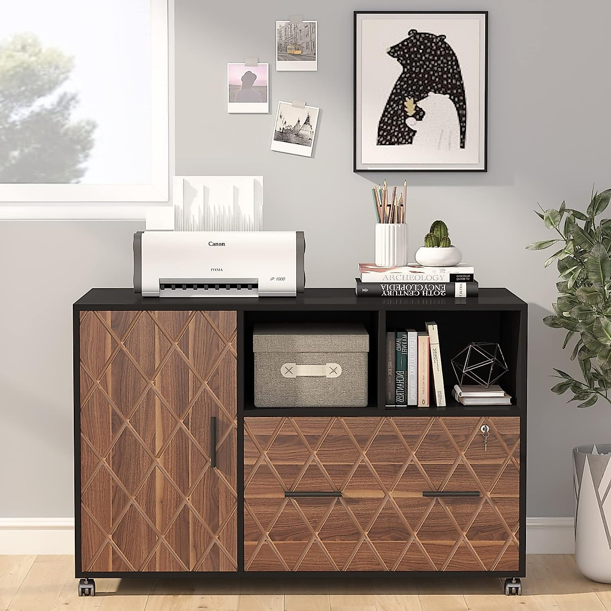 Tribesigns Large File Cabinet with Lock and Drawer, Modern Mobile Lateral Filing Cabinet Printer Stand Legal/Letter / A4 Size with Wheels and Storage Shelves for Home Office (Brown)