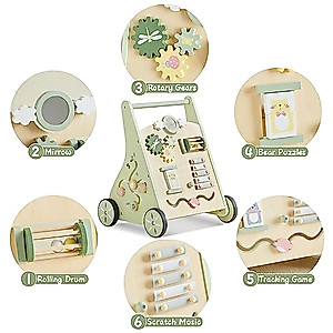Beright Wooden Baby Walker Push and Pull Learning Activity Walker Kids’ Activity Toy Multiple Activities Center Develops Motor Skills & Stimulates Creativity(Green)