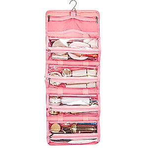 Water Resistant 4 in 1 Hanging Roll Up Travel Toiletry Bag Makeup Cosmetic Storage Case Hair Beauty First Aid Kits Organizer Bag LOL Doll Toy Storage Case With 4 Removable PVC Zipper Pouch (Pink)