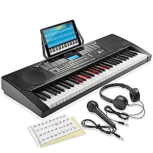 Ashthorpe 61-Key Digital Electronic Keyboard Piano with Light Up Keys, Beginner Kit Includes Headphones, Mic and Keynote Stickers