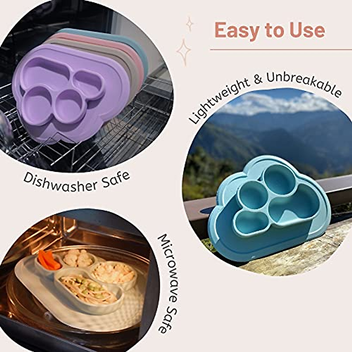 RAiN.B. CloudieMate Silicone Suction Plate with Built-in Placemat for Babies & Toddlers, Microwave Dishwasher Safe, Non-Slip Divided Plate with 4 Sections, BPA Free Food Grade Silicone /Glacier Blue