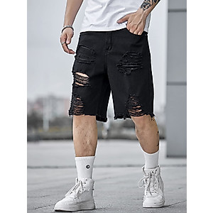 Verdusa Men's Ripped Distressed Raw Trim High Waist Straight Leg Denim Shorts Black XL