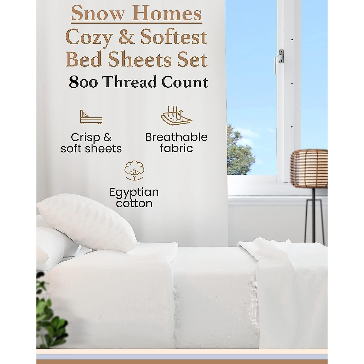 snowhomes 800 Thread Count-4Pcs Bed Sheet Set 100% Cotton Bedlinen Sheets Black Cal-King Sheets, Long-Staple Combed Cotton, Soft Sateen Weave Bedding Set, Fits Mattress Upto 18'' Deep Pockets