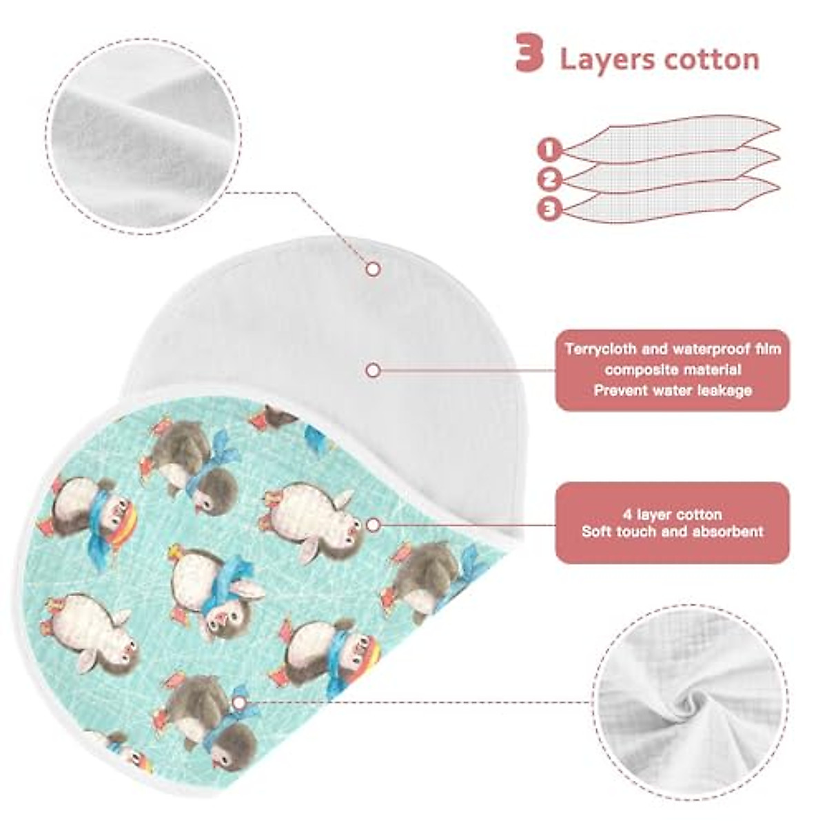vvfelixl Baby Burp Cloths Cute Penguins Skates Baby Newborn Cotton Burping Cloths Set Baby Washcloths 4 Pack Blue