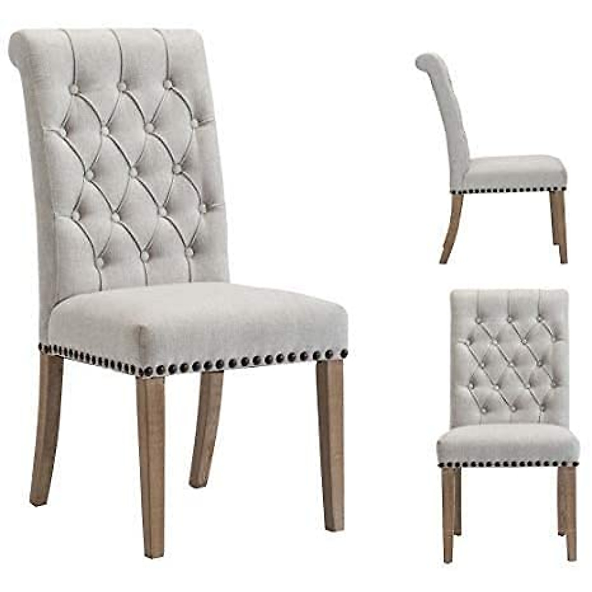 BTEXPERT BB5107GR-2 High Back Tufted Parsons Upholstered Dining Room Chairs Side Solid Wood-Accent Nail Trim, Gray Linen Fabric - Set of 2