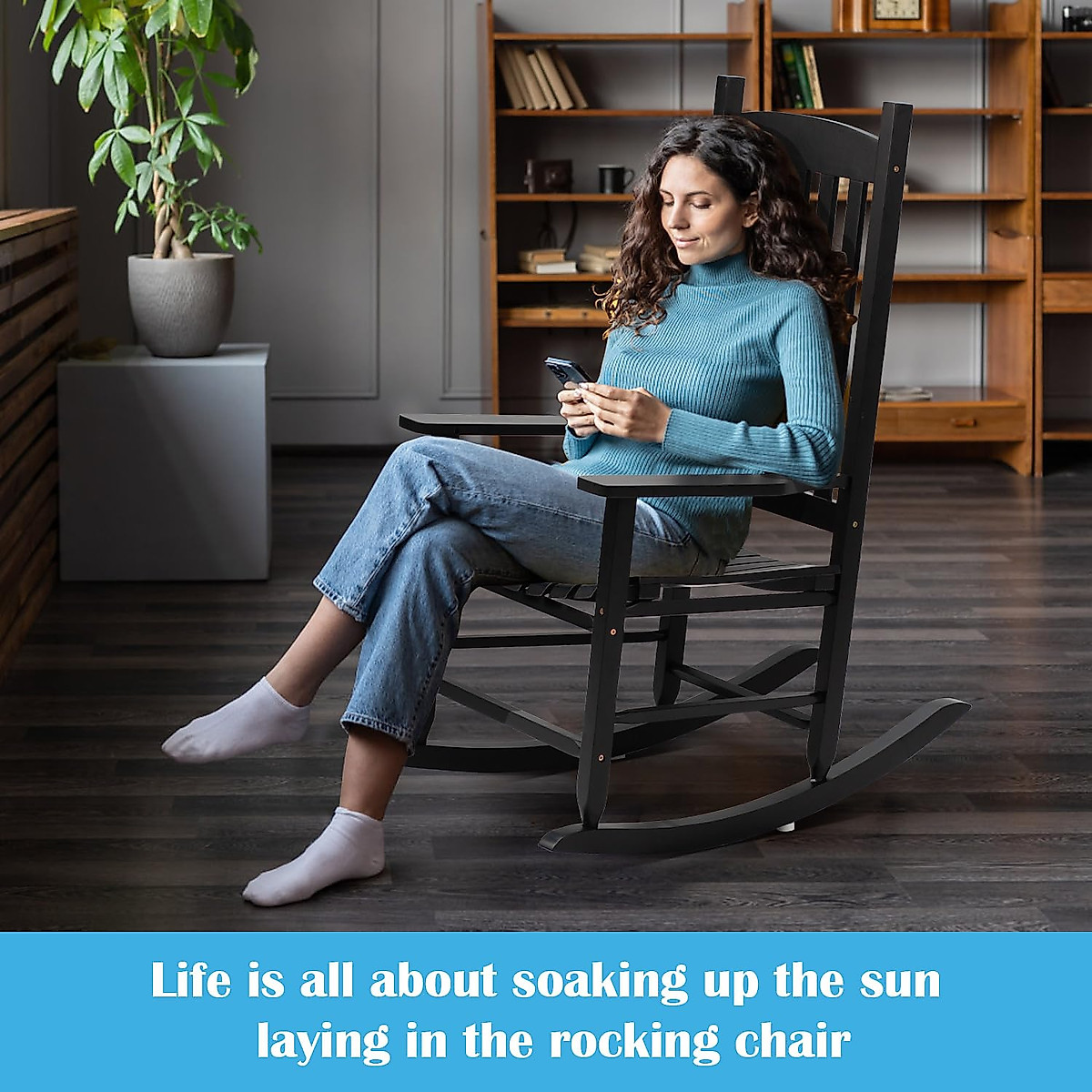 Outdoor Rocking Chairs, Wooden Rocking Chair with a Curved Seat & a High Slatted Backrest, Rocking Chairs with Wide Arms, Black Rocking Chair with Load Bearing 243 lbs for Patio Backyard Porch Garden