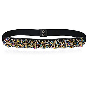 Dorchid Women Rhinstone Belt Full Crystal Buckle Cummerbund Wide Elastic Waistband 7 Colors Long Champagne