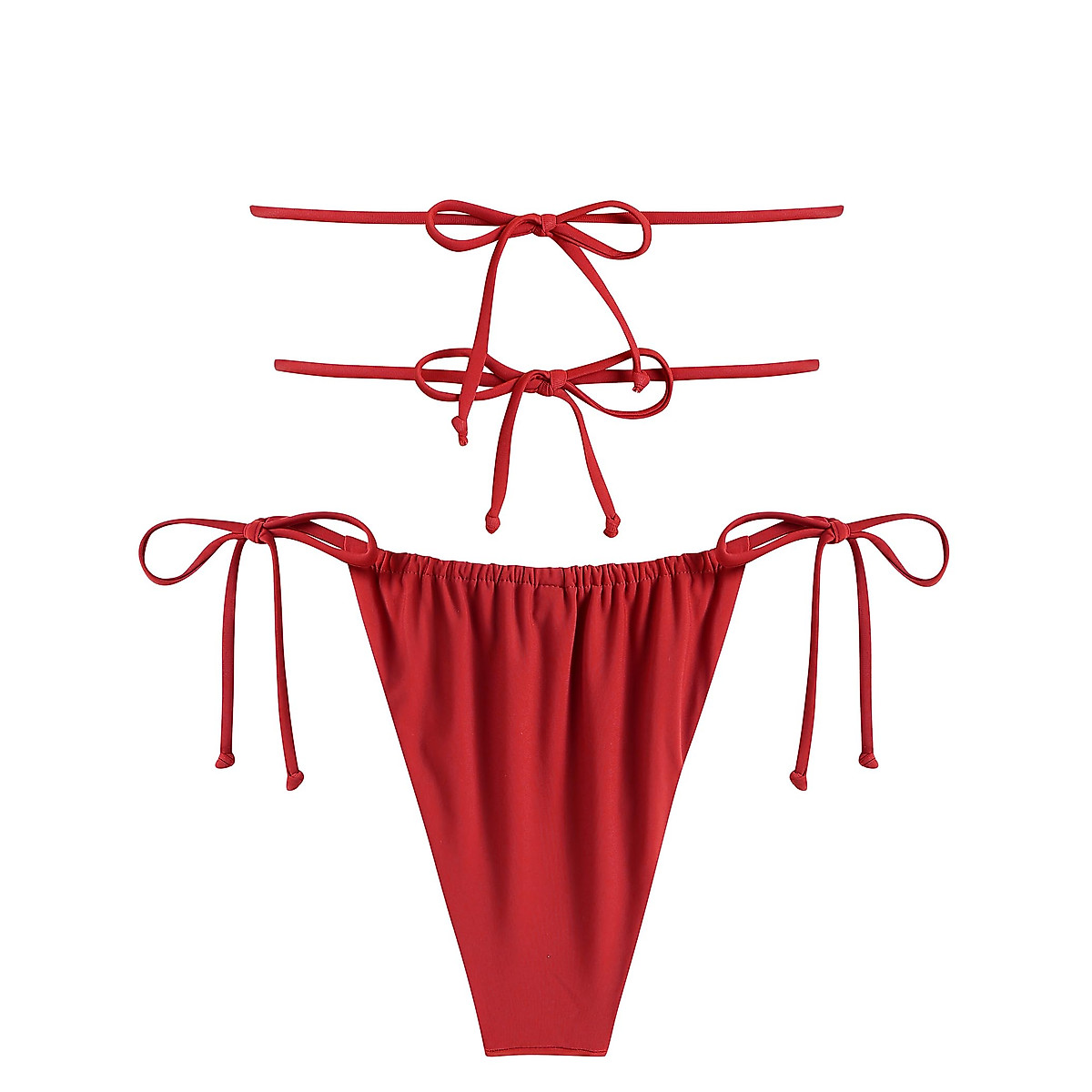 ZAFUL Womens Rib Ruched Bandeau Bikini Adjustable Tie Ruffle Cutout Sexy Swimwear Halter String Triangle Bikini Sets(2-Red, S)