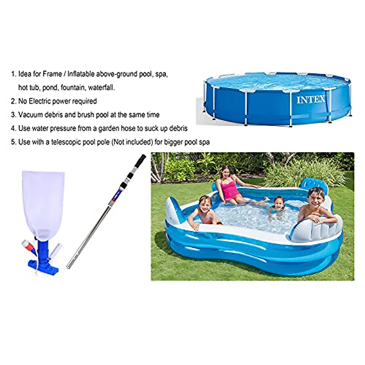 PoolSupplyTown Pool Spa Jet Vacuum Cleaner w/ Brush, Ideal for Frame Above Ground/Inflatable Pools, Spa, Hot Tub, Pond, Fountain Vacuuming, No Electric Power Needed, Use Water Pressure From Garden Hose to Vacuum (Use with A Telescopic Pool Pole, Not Inclu