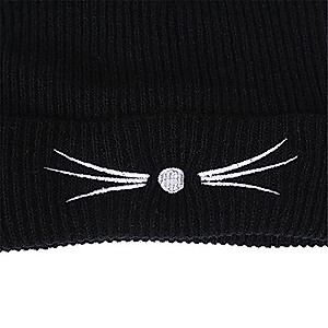 Armfre Tops Women's Beanie Hat Cute Cat Print Slouchy Skullies with Faux Fur Cat Ears Thick Skull Cap Chunky Ribble Knitted Skull Hat Cuffed Ski Cap for Ladies Casual Outdoor Active