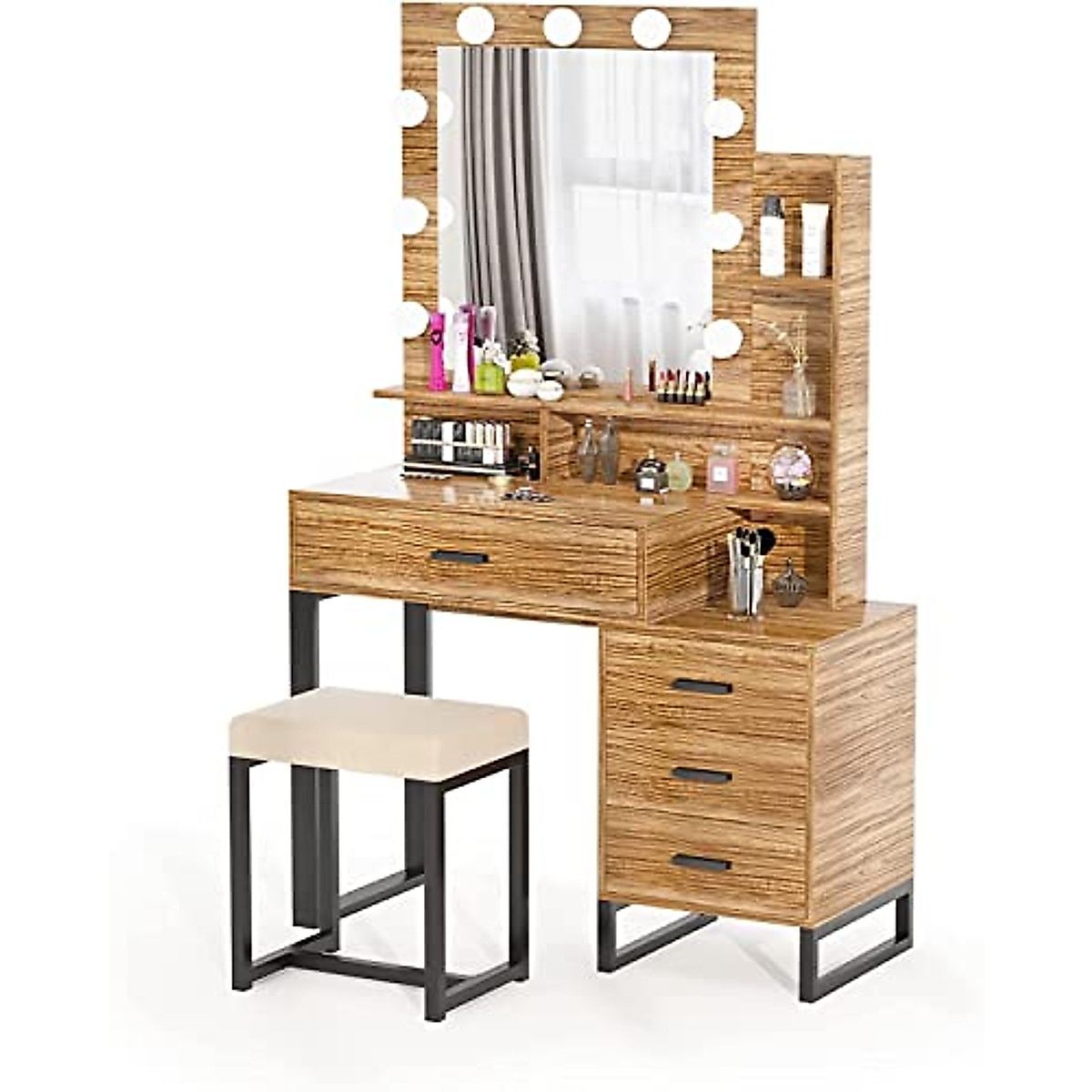 PakaLife Makeup Vanity Desk with Mirror and 3-Color Lights, 39.4" Makeup Vanity Set with Drawers, Storage Shelves and Stool, 3 Lighting Modes Adjustable, White Vanity (Brown)