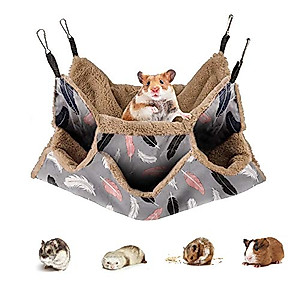 Petmolico Small Pet Hanging Triple-Layer Warm Hammock Bed Cage Accessories Bedding Hideout Playing Sleeping for Parrot Sugar Glider Ferret Squirrel Hamster Rat, Brown Feather