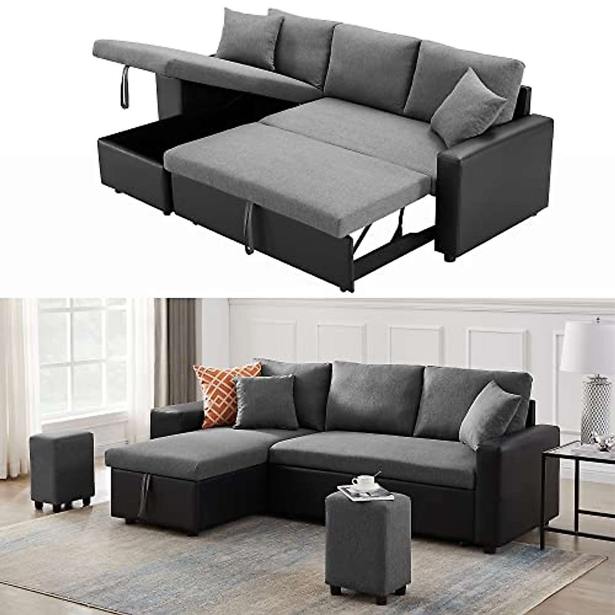 Runboll Sectional Sofa with Pull-Out L-Shape Bed Reversible Chaise Sofa with Storage Seat Sleeper Couch with 2 Stools