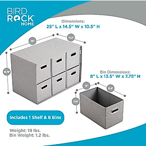 BIRDROCK HOME Linen Cube Organizer Shelf w/ 6 Storage Fabric Bins - Foldable & Durable - Toys, Clothes, Towels - Collapsible Cubby for Kids Room, Dorm, Closet, Bedroom - Large Shelving Cubbies - Grey