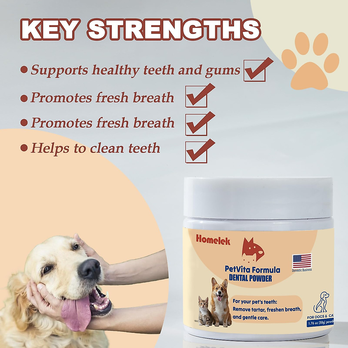 Pet Dental Powder - Breath Freshener, Teeth Cleaning, Solves Tartar & Bad Breath for Dog and Cat.