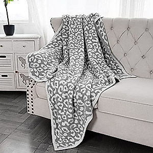 Throw Blanket Soft Fuzzy Fluffy Leopard Knit Throw Blanket, Cozy Plush Fleece Comfy Microfiber Cheetah Blanket for Couch Sofa Bed, Stone/Cream