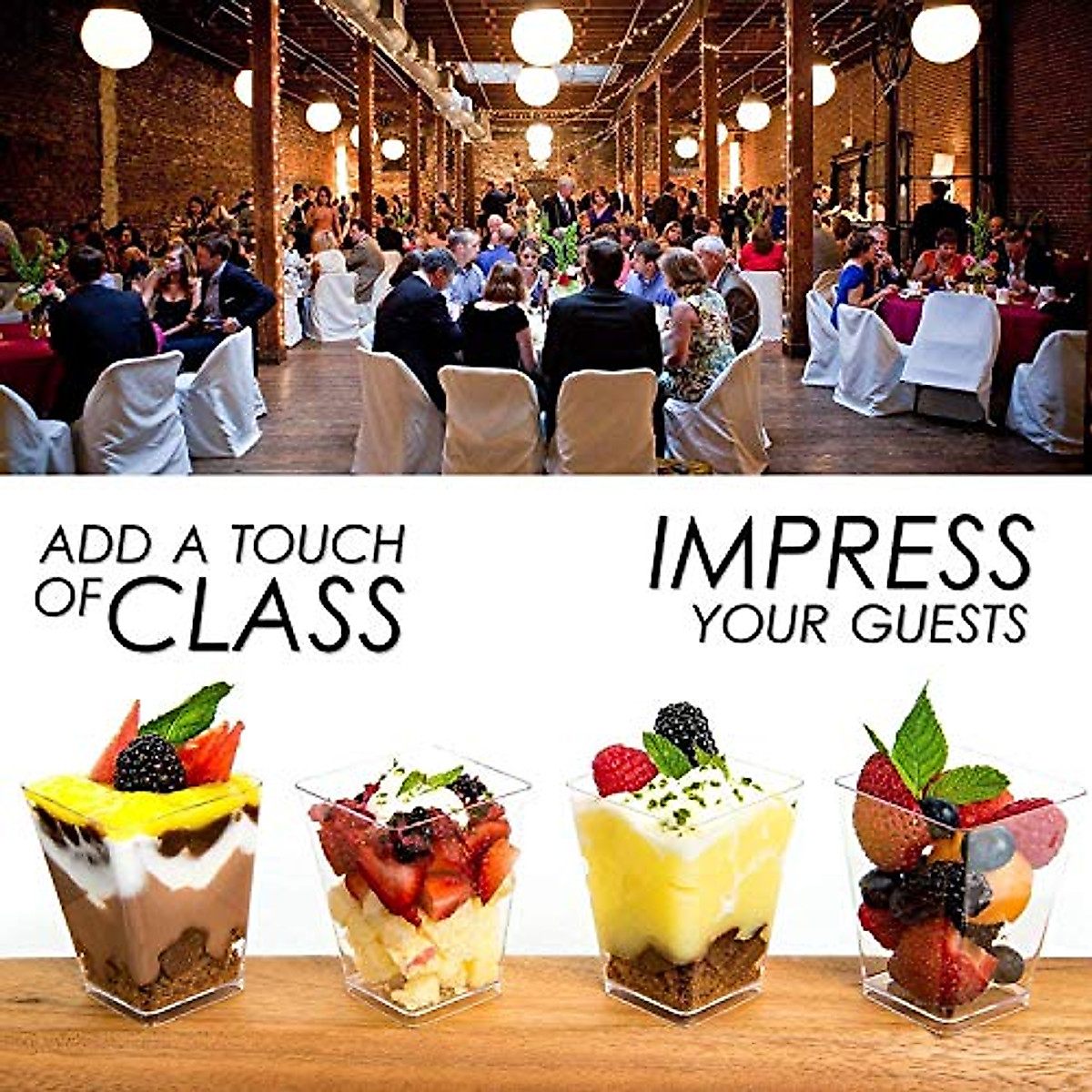 DLux 50 x 5 oz Mini Dessert Cups with Spoons, Square Large - Clear Plastic Parfait Appetizer Cup - Small Reusable Serving Bowl for Tasting Party Desserts Appetizers - With Recipe Ebook