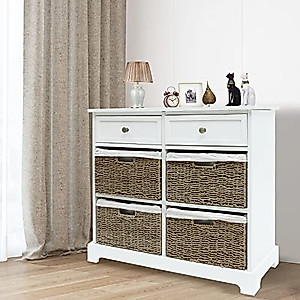 Babion Wicker Basket Storage Cabinet, Wicker Storage Cabinet with 2 Drawers and 4 Basket, Storage Cabinet with Wicker Baskets, Chest of Drawers for Living Room, Hallway, Nursery,Easy Assembly