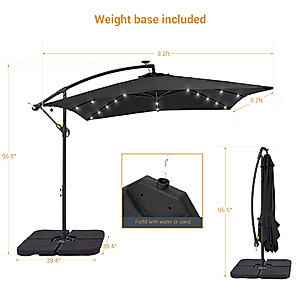 Bonosuki 8.2 x 8.2′ LED Patio Offset Umbrella With a Base, Outdoor Hanging Umbrella for Yard, Poolside and Deck,Black