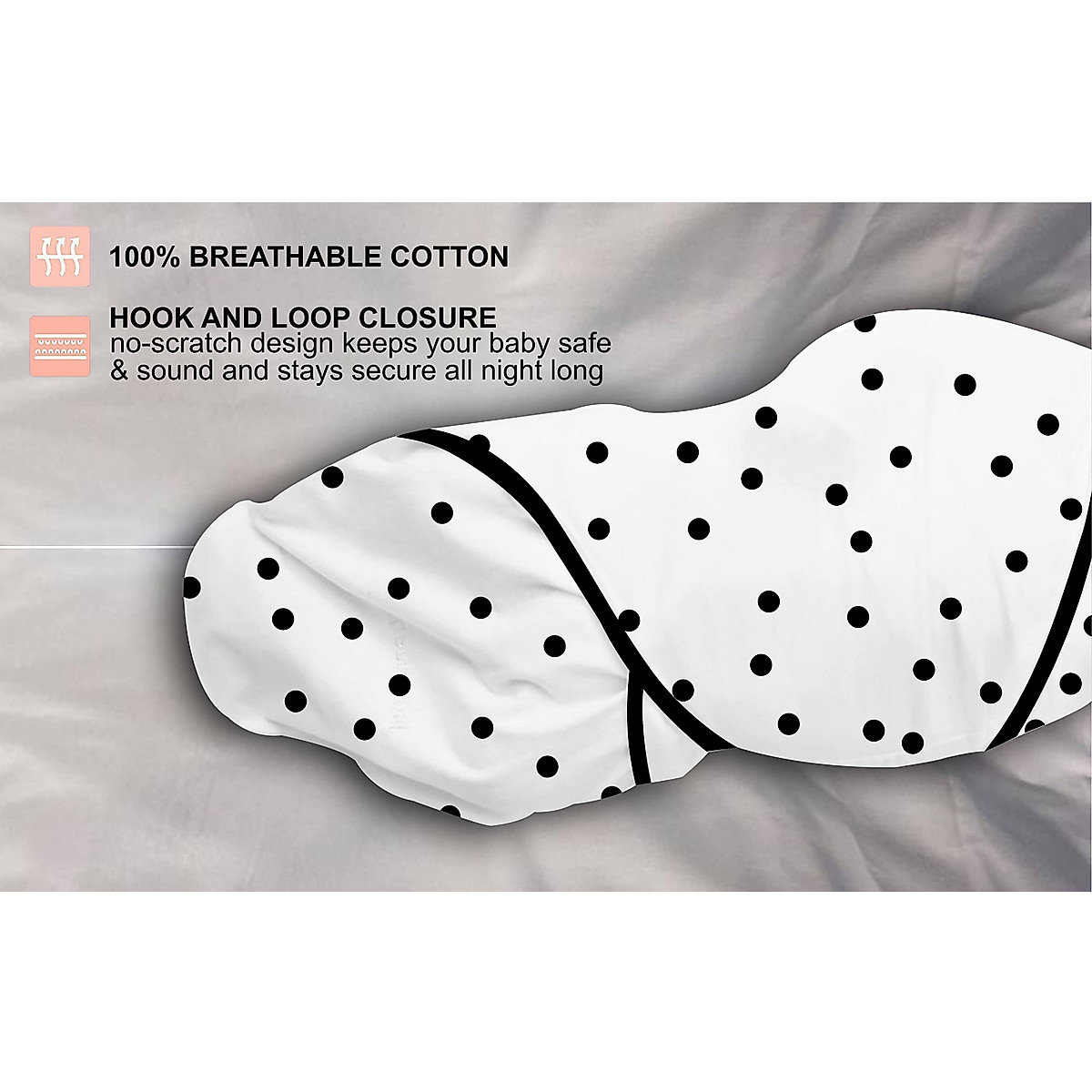 Who's That Baby 2 Pack Adjustable Baby Swaddles 0-3 Months for Newborn Boys and Girls with 2 Baby Mitten Sets, Organic Cotton | Grey and White with Black Polka Dots, Small, SB-001