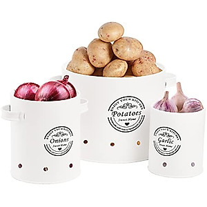 Suwimut Set of 3 Potato Onion Garlic Storage Bin with Lid, Vintage White Farmhouse Metal Potato Keeper Onion Container Set for Kitchen Pantry, Counter Fresh Potato Onion Garlic Holder