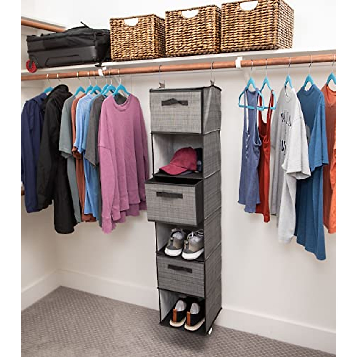 Internet's Best Hanging Closet Organizer with Drawers - 6 Shelf - 3 Drawers - Clothing Sweaters Shoes Accessories Storage - College Dorm Essential - Grey