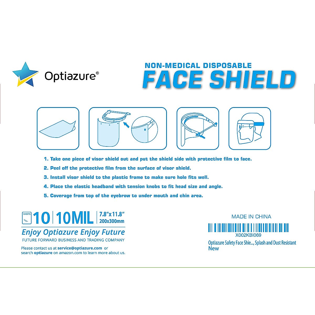 Optiazure Safety Face Shield, 1 Frame with 10 Removable Transparent Shield, Anti-fog, Splash and Dust Resistant