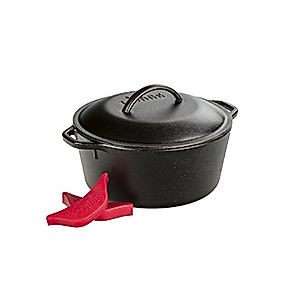Lodge L8DOL3HH41PLT Cast Iron Dutch Oven with Handle Holders, 5 quart, Black/Red