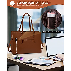 LOVEVOOK Laptop Bag for Women, 15.6 Inch Large Waterproof PU Leather Computer Tote Bag for Work Business Office Travel with USB Charging Port, Fashion Waterproof Shoulder Bag Handbag Purse, Brown