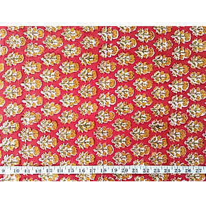 AVKA Studio Hand Block Print Fabric by The Yard - PRECUT 1 Yard 42 Inch Width - 100% Cotton Material - Red Floral Pattern - Light Weight Indian Cloth for Making Summer Dress Tops Indian Fabric etc
