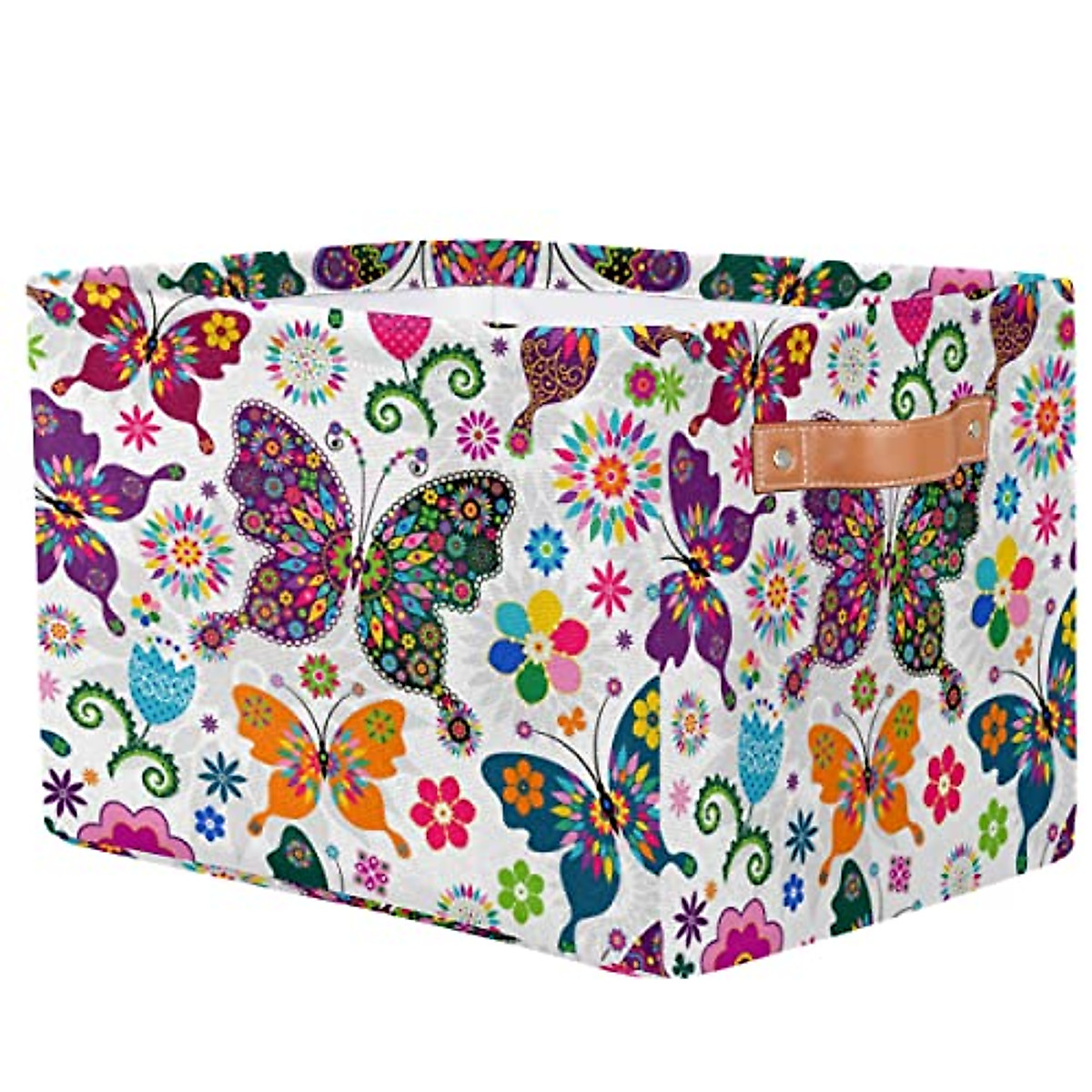 Pardick Floral Butterfly Large Collapsible Storage Bins ,Flying Butterfly Decorative Canvas Fabric Storage Boxes Organizer with Handles，Rectangular Baskets Bin for Home Shelves Closet Nursery Gifts