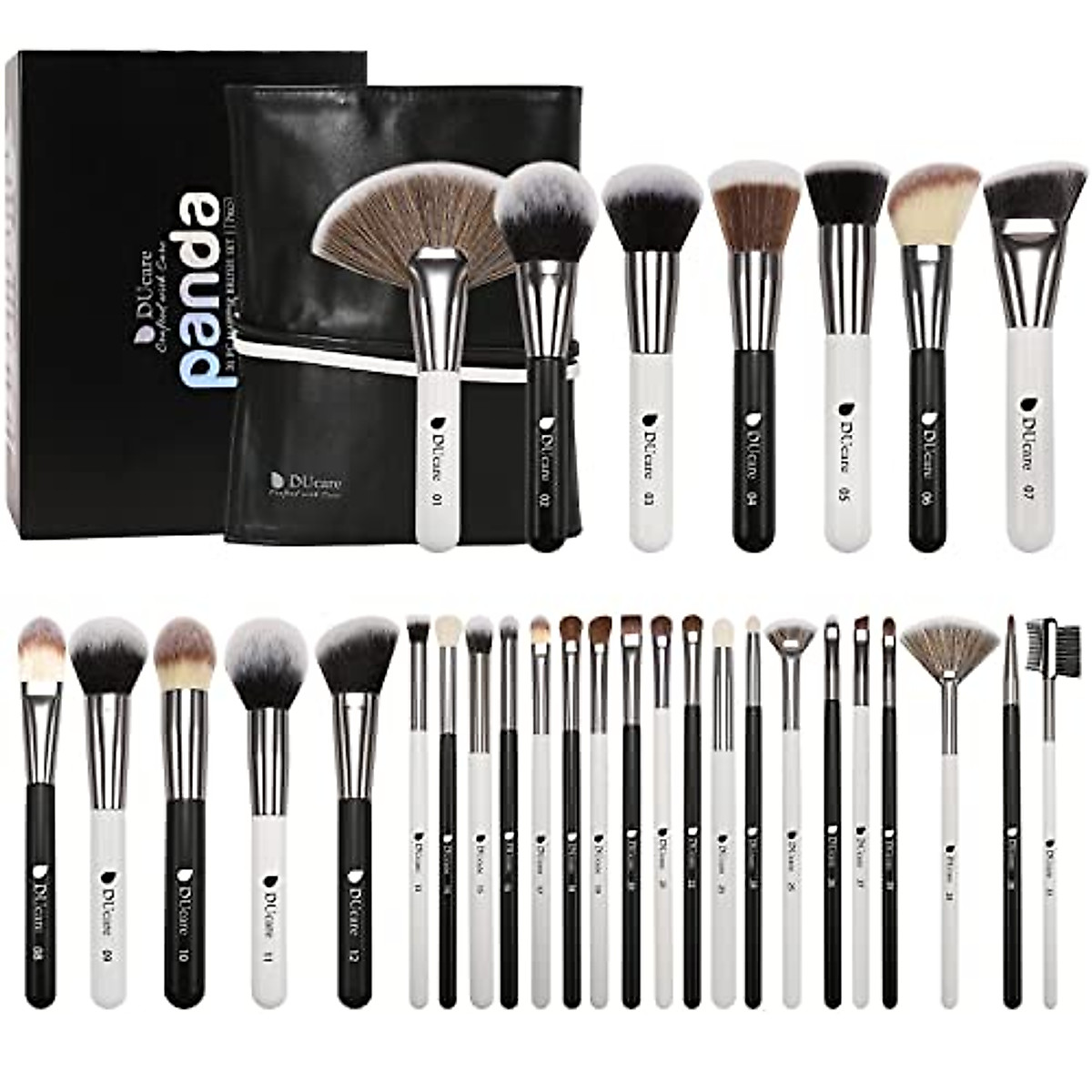 DUcare Professional Makeup Brushes Panda Series Makeup Brush Set Valentines Day Gifts 31Pcs Kabuki Foundation Blending Face Powder Blush Concealers Eye Shadows With Leather Case Organizer