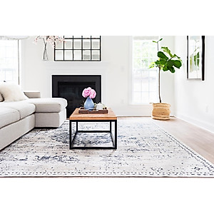 Unique Loom Chateau Collection High-Low Pile, Vintage, Traditional, Distressed, Medallion Area Rug (5' 0 x 8' 0 Rectangular, Beige/Navy Blue)