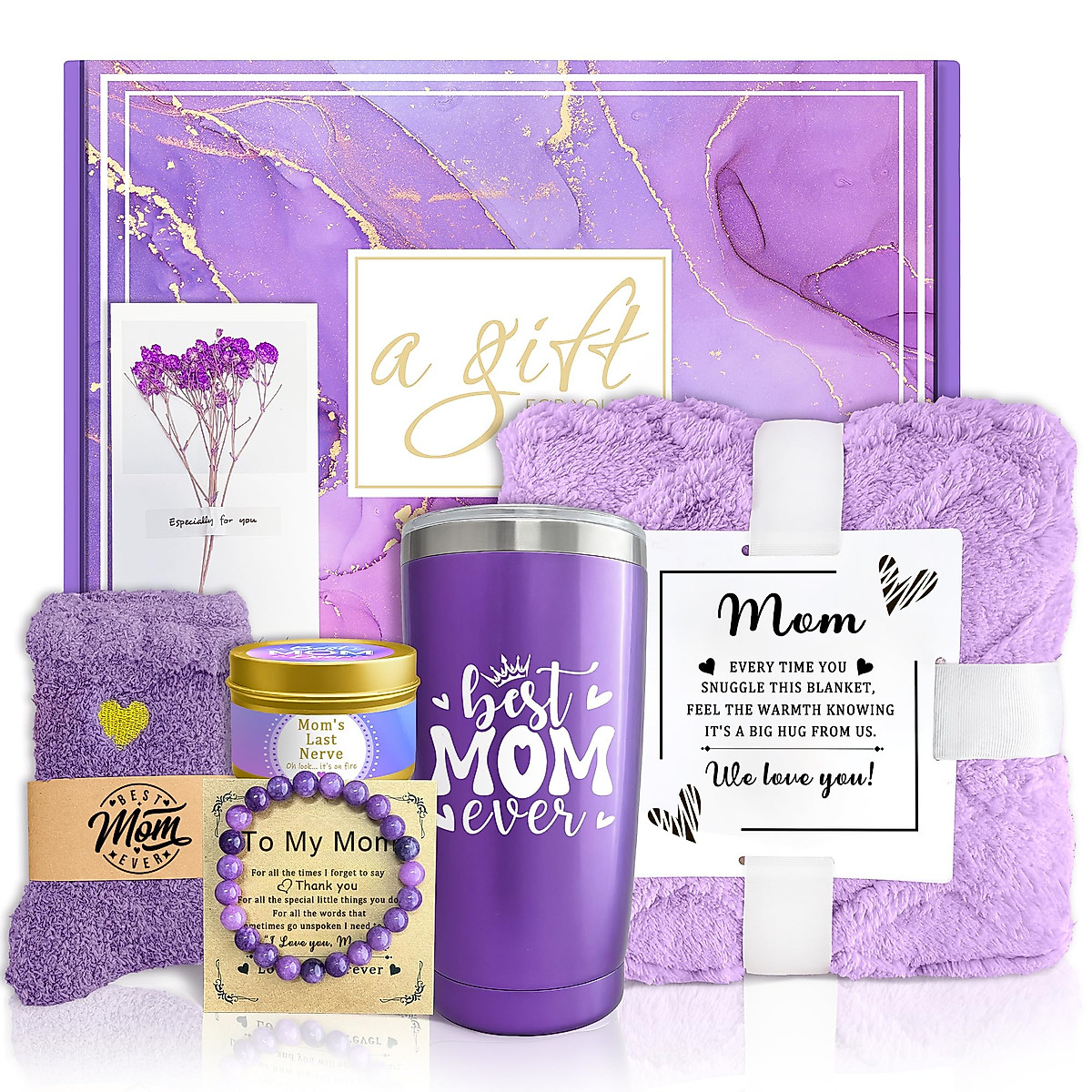 Gifts for Mom, Mothers Day Mom Gifts from Daughters Lavender Relaxing Gift Basket with Luxury Flannel Blanket Care Package, Unique Self Care Get Well Soon Gift, Birthday Gift for Women