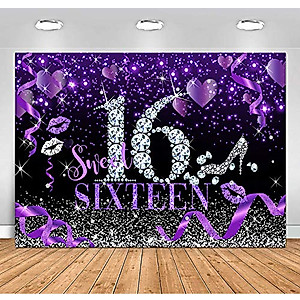 Sensfun Sweet 16 Silver Purple Bokeh Glitter Backdrop 7x5ft for Girls Happy 16th Birthday Party Decorations Banner Diamonds High Heels Sweet Sixteen Photography Photo Booth Props Supplies Background