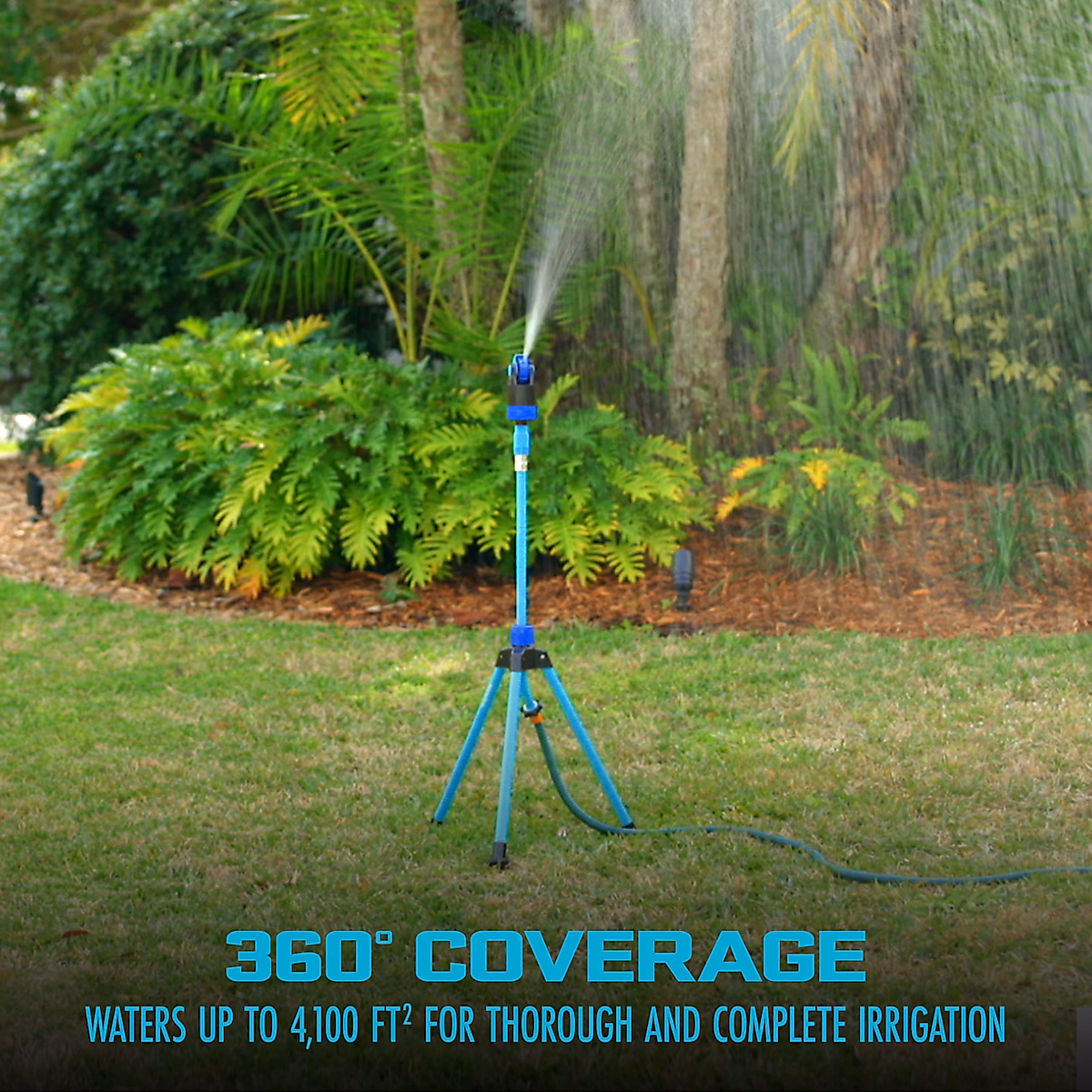 Aqua Joe AJ-6PSTB-MAX HD Sprinkler & Mister W/Metal Tripod Base, 6 Patterns, 4100 Sq. Ft. Coverage, Blue