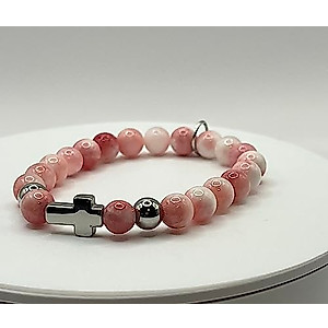 Women's Cross Bracelet with Initial Charm, Pink White Jade Semi Precious Stones (7, Pink White Jade)