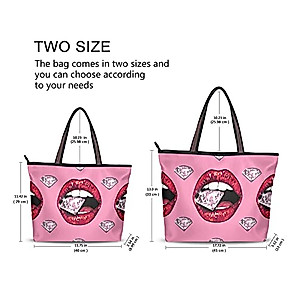 Lip Diamond Tote Bag Aesthetic, Large Capacity Zipper Women Grocery Bags Purse for Daily Life 2 Sizes