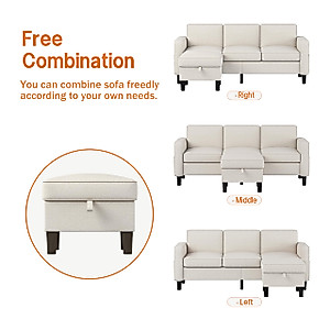 ZeeFu Convertible Sectional Sofa Couch: Beige 3 Seat L-Shaped Sectional Sofa Couches with Storage Ottoman - Modern Linen Fabric Small Sofa Couch Set for Living Room Office Small Space Apartment