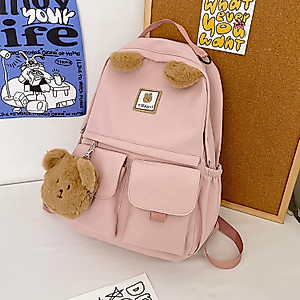 LaurelTree Kawaii Aesthetic Cute Backpack with Accessories 14 In Laptop Rucksack Travel Bag School Students Suppliers Girls (Pink)