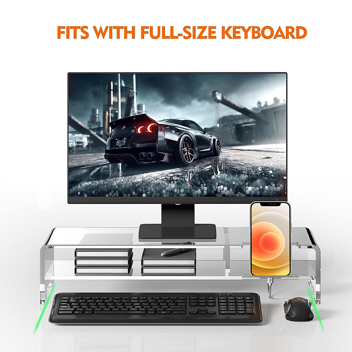 BEYGORM Acrylic Monitor Stand Riser, Wide 20", 2 Tier Computer Stand with Storage, Desk Organizer Desktop Printer Stand Laptop Storage Shelf Screen Holder with Phone Holder(Clear)