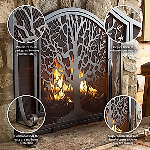 Plow & Hearth Metal Fireplace Screen Tree of Life Black | 38" W x 31" H | Flatguard | Spark Guard Grate | Iron Fire Place Cover | Wood Stove Accessories