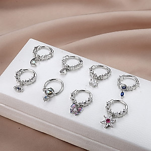 Sanfenly 8PCS Septum Jewelry 16G 316L Stainless Steel Dangle Septum Rings CZ Teardrop Butterfly Daith Earrings Hoop Cartilage Helix Tragus Spetum Nose Piercing Jewelry for Women Men